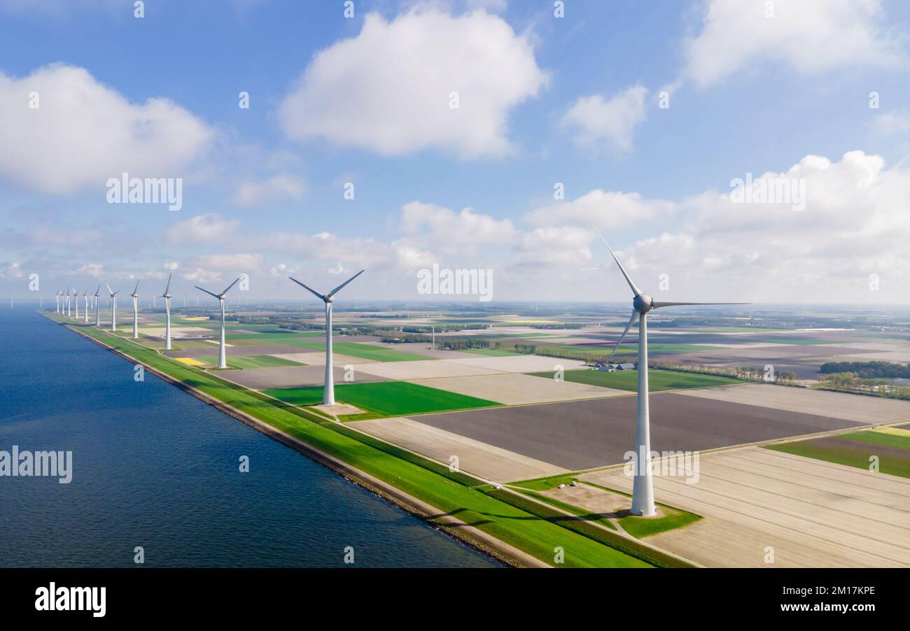 Aerial view at Windmill park with windmills turbines and beautiful ...