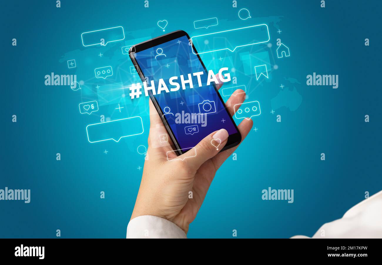 Hand using smartphone with social media concept concept Stock Photo - Alamy