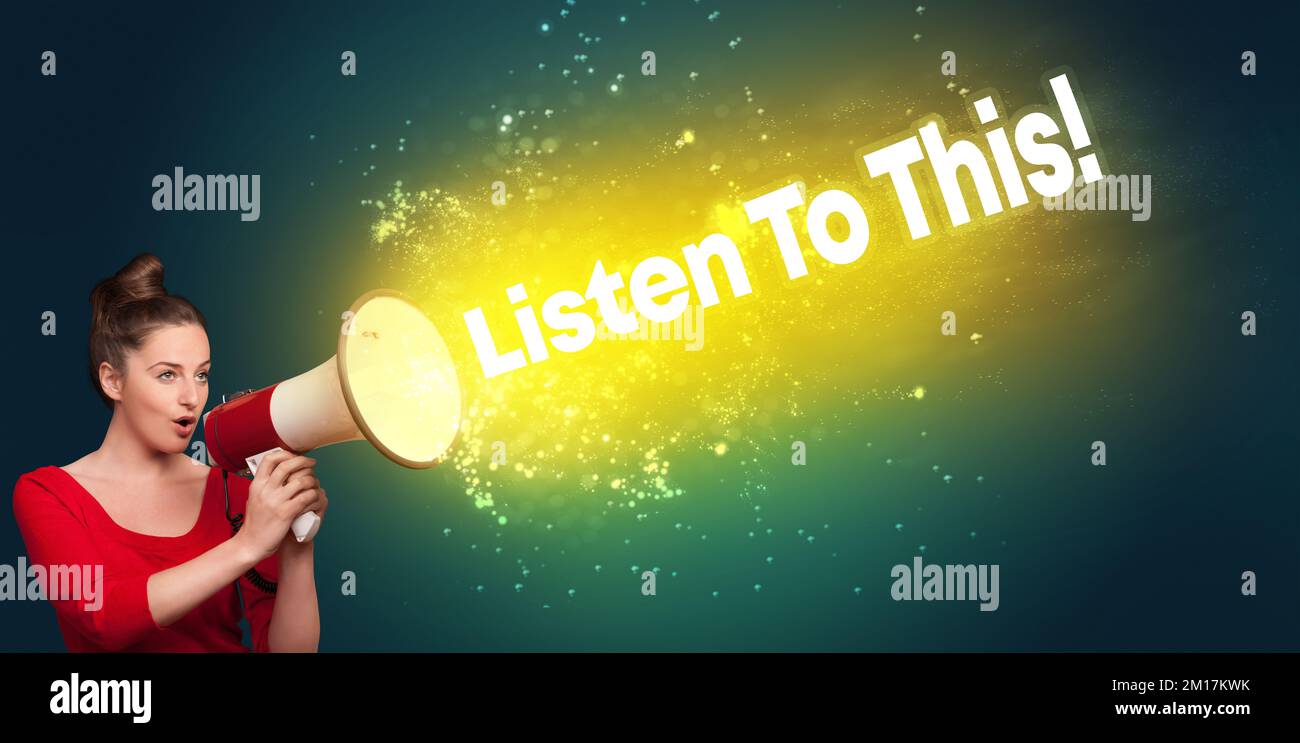 Young woman yelling to loudspeaker concept Stock Photo - Alamy