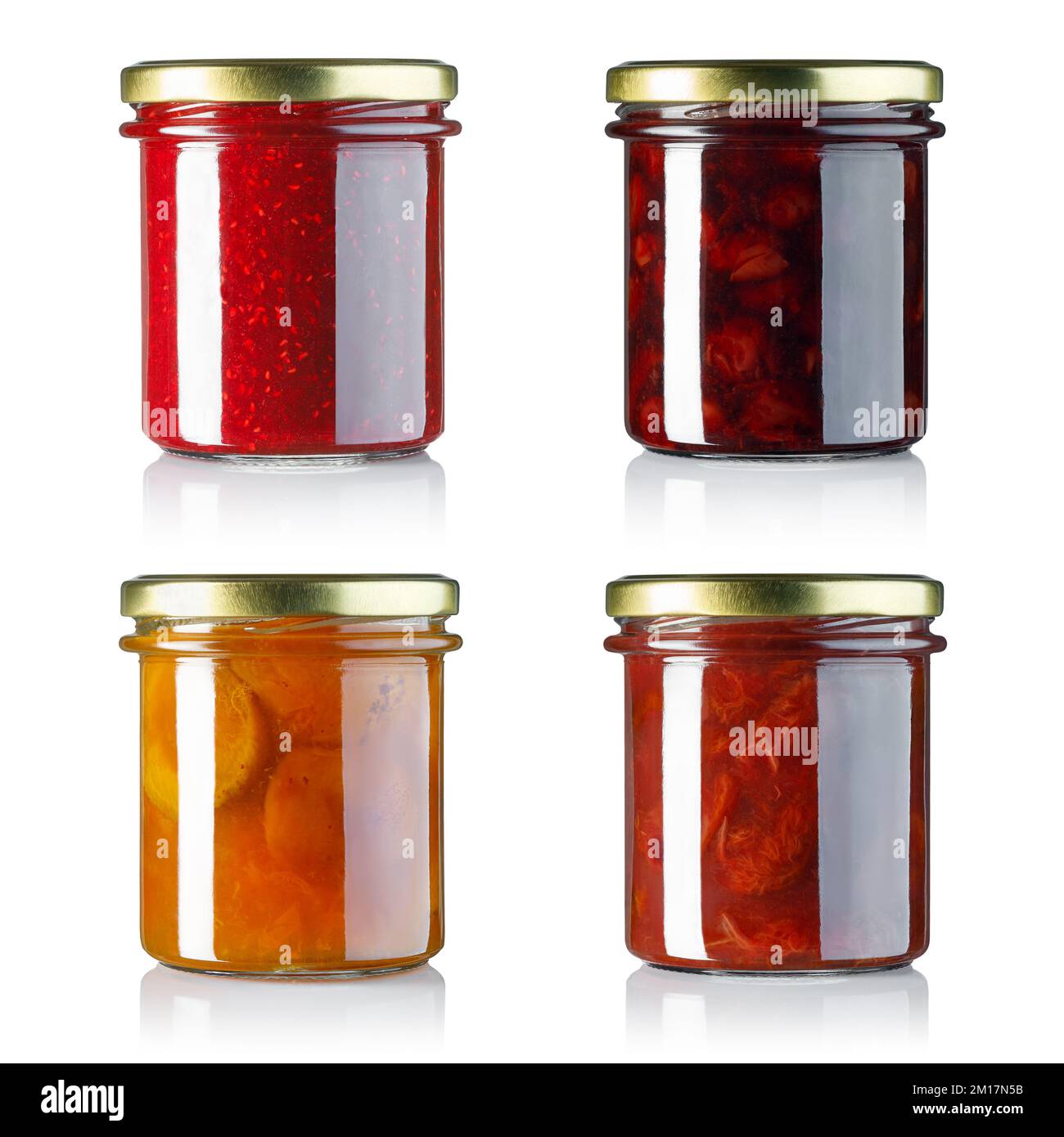 set of jam in glass jars with metallic lids isolated on white Stock ...
