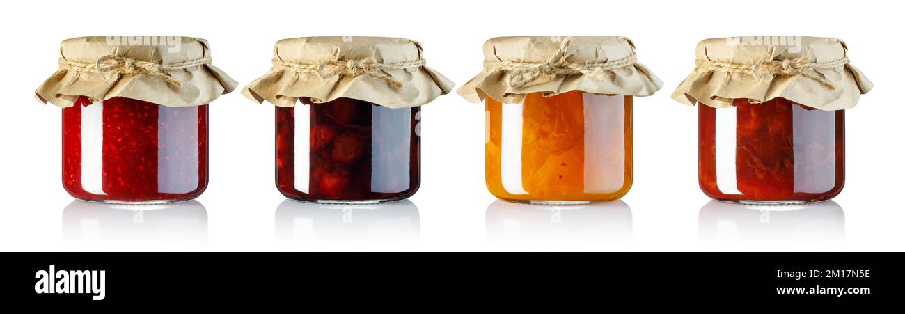 set of jam in small glass jars covered with craft paper isolated on ...