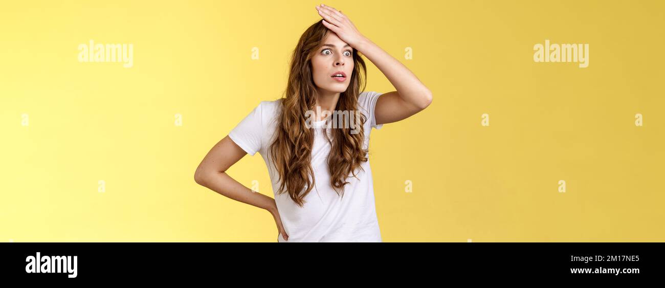 Oh gosh how stupid. Shocked embarrassed ambushed curly-haired girl ...