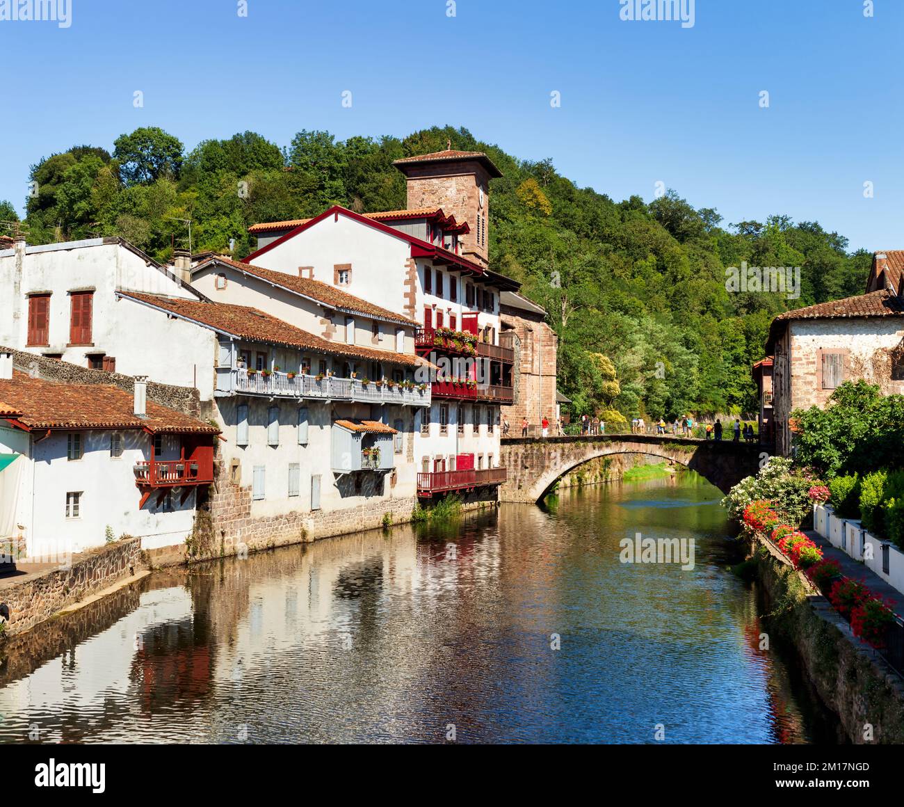 Main bridge over the river Nive on its way through the village of Saint ...