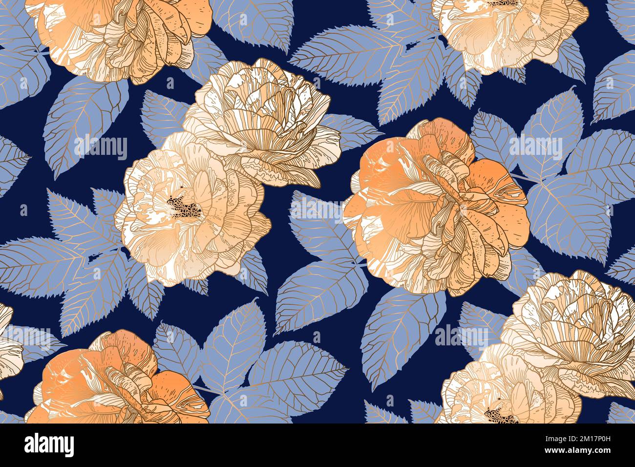 Floral repeating pattern of roses in sandy brown color and light blue ...