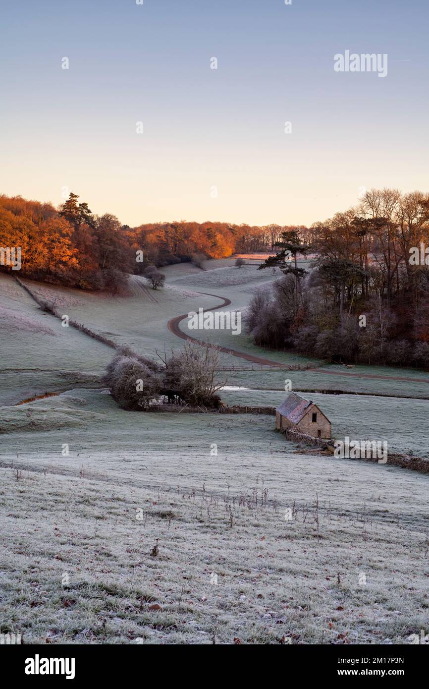 Old barn and woodland in the frost from the footpath on the Hatherop ...