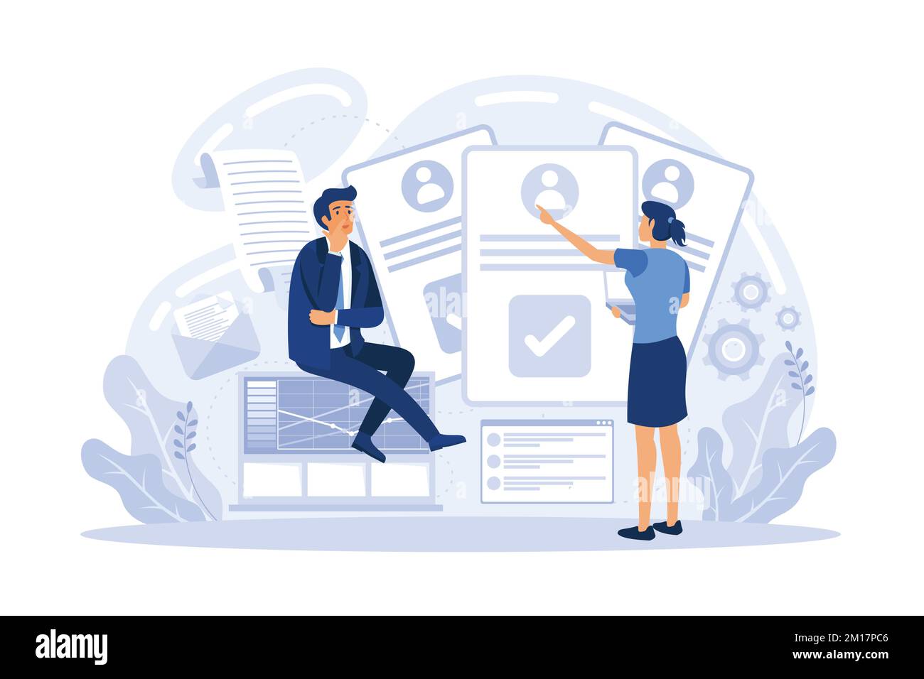 HR manager with employee at interview and business flow chart. Employee ...