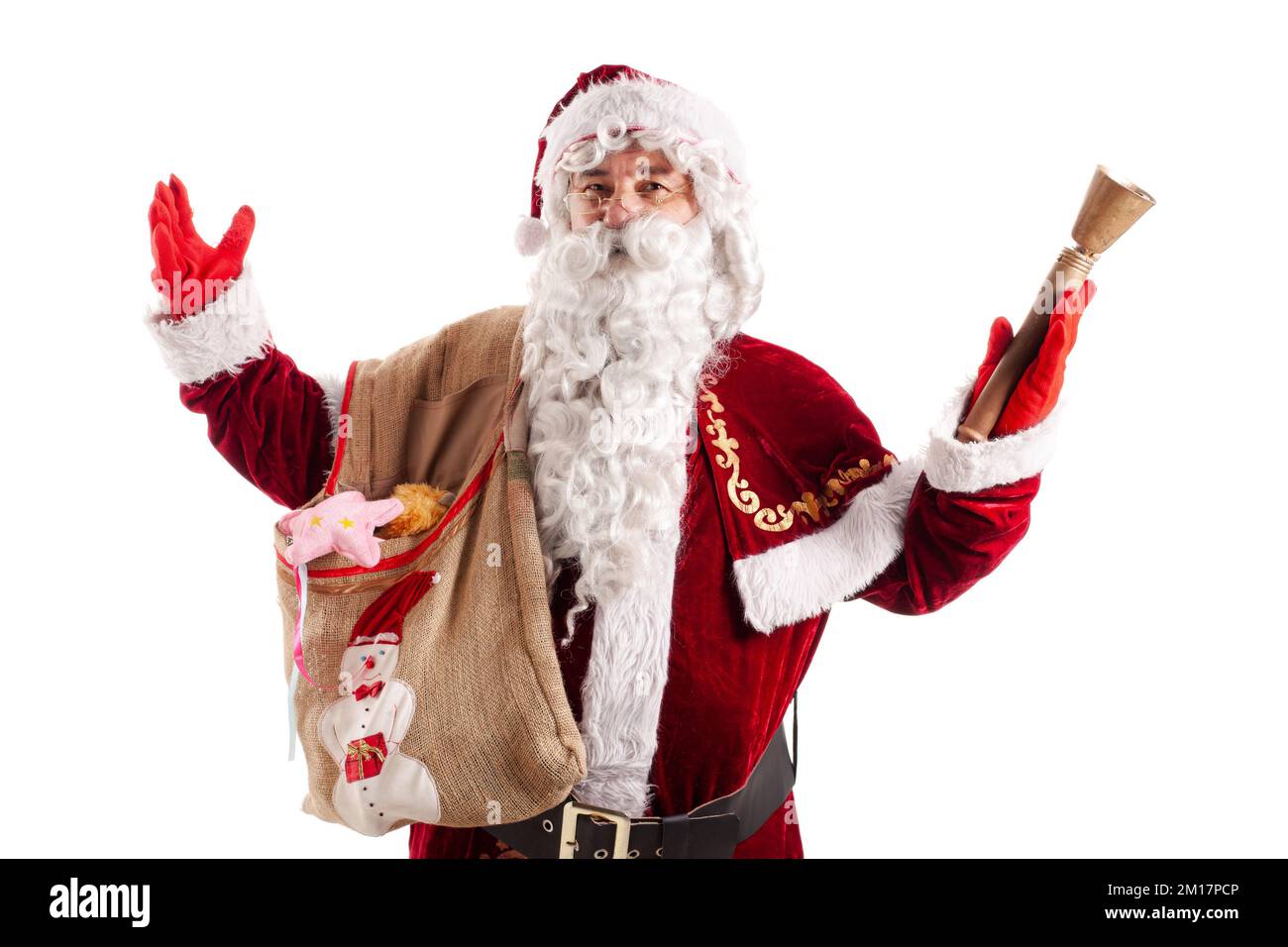 santa claus with ring bell studio portrait on white background Stock ...