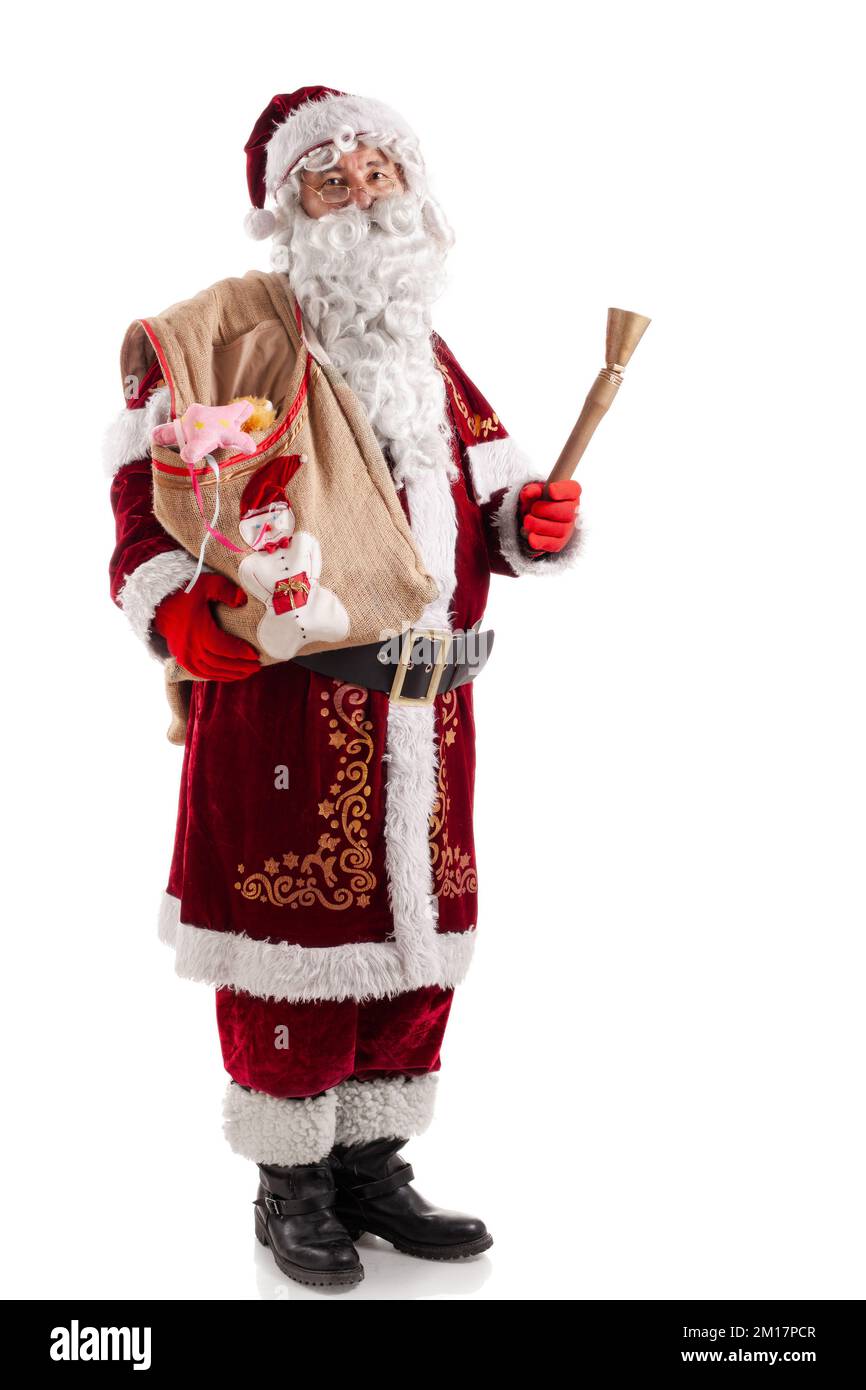 santa claus with ring bell studio portrait on white background Stock ...