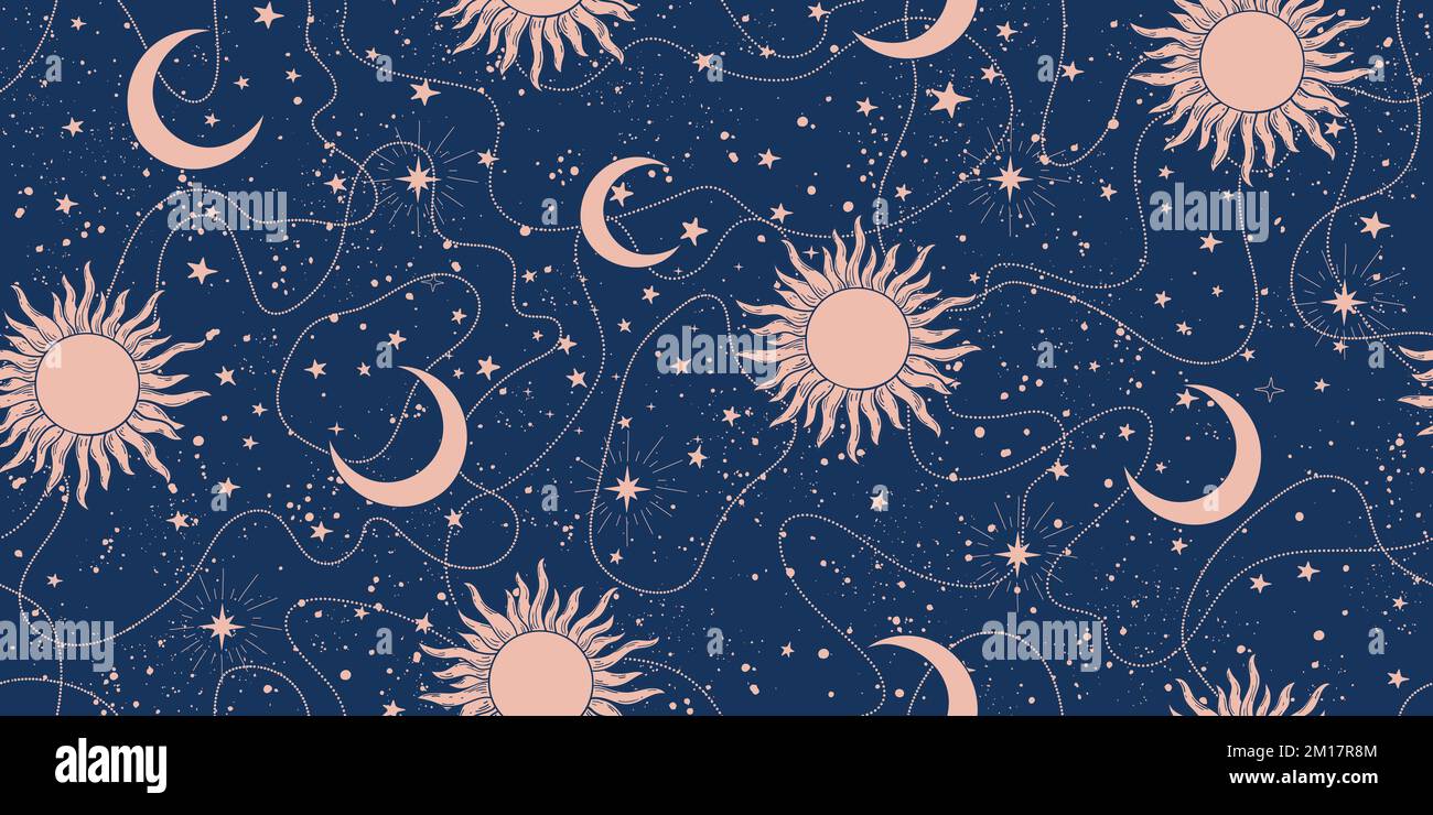 Seamless celestial background with stars, sun and moon. Blue seamless astrological pattern for ...