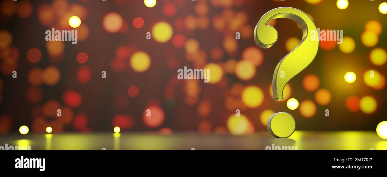 Questionmark yellow on bokeh lights background, copy space. Punctuation ...