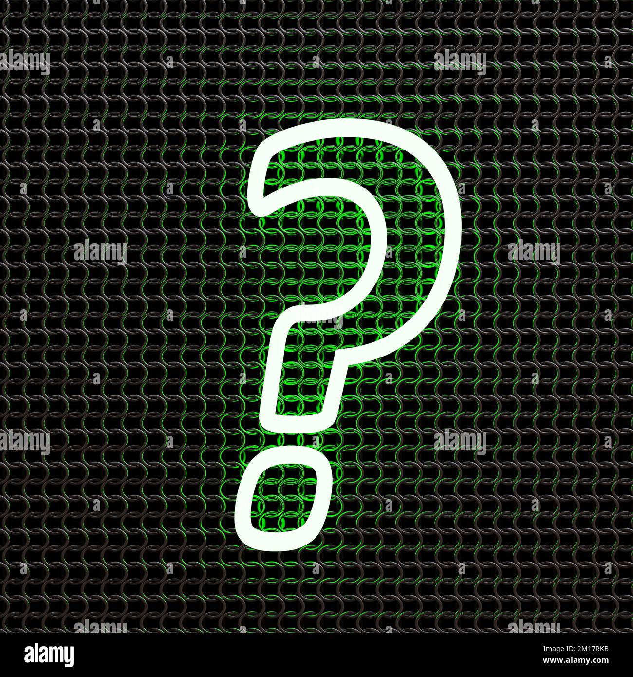 White questionmark on green lighted repeated pattern metal neon ...