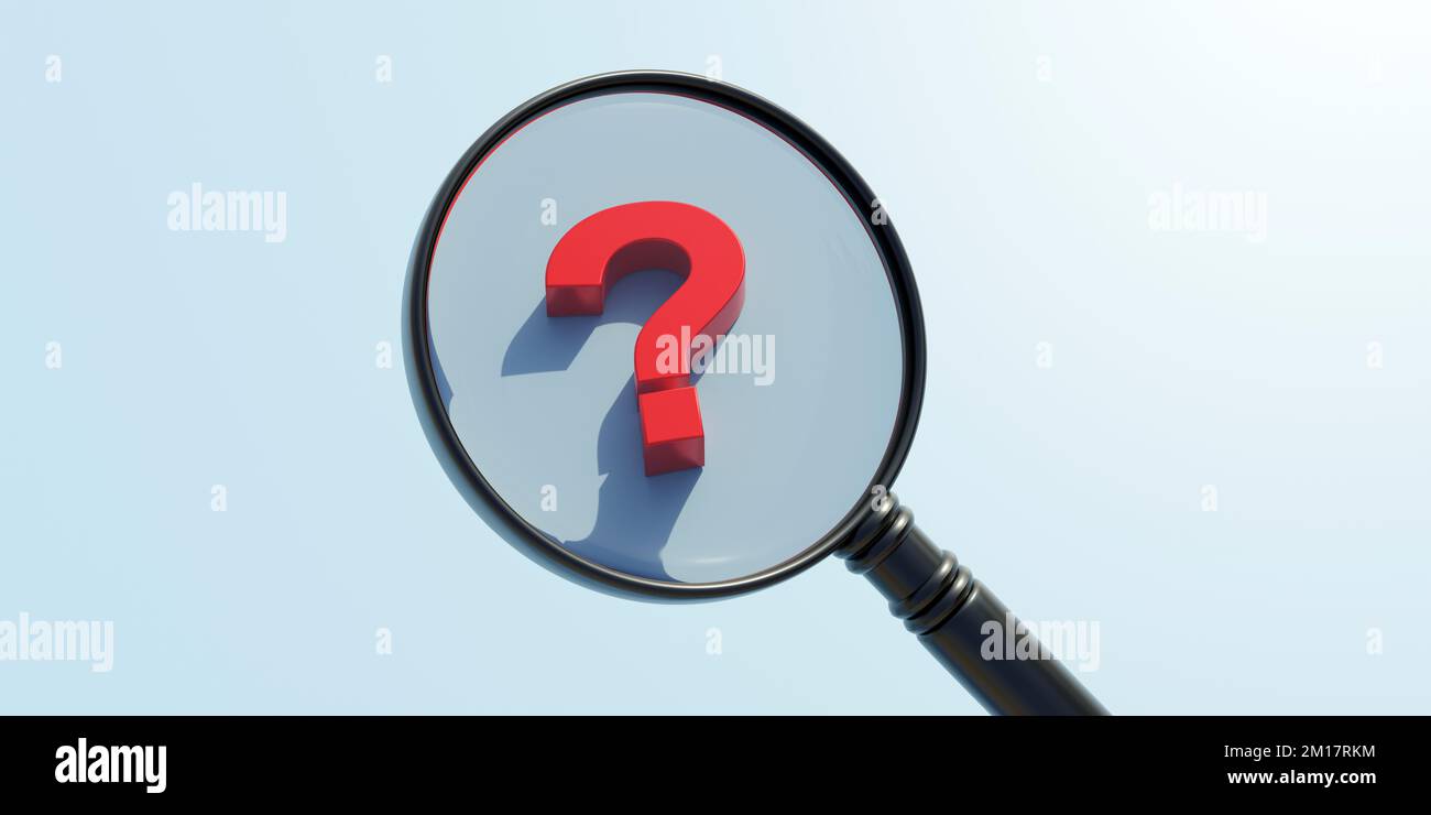 Question marks red under a magnifying glass, blue color background ...