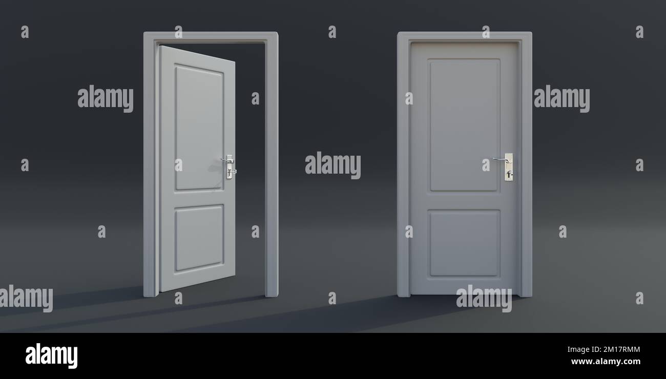 Two doors and frames, one open and one closed, on grey black floor ...