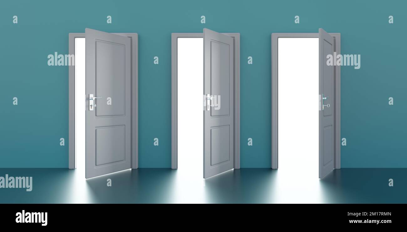 All doors are open. Three opened doors on turquoise wall background ...