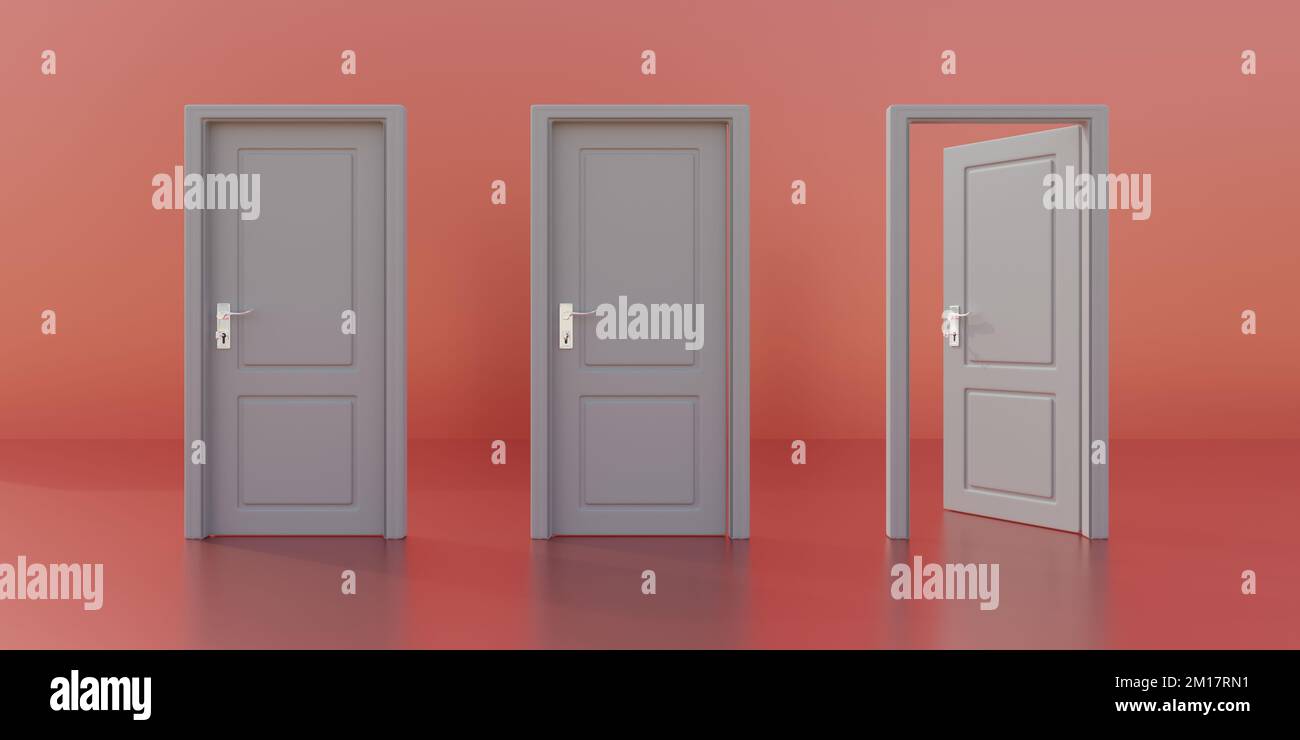 One opened and two closed doors on orange color background. Three white ...