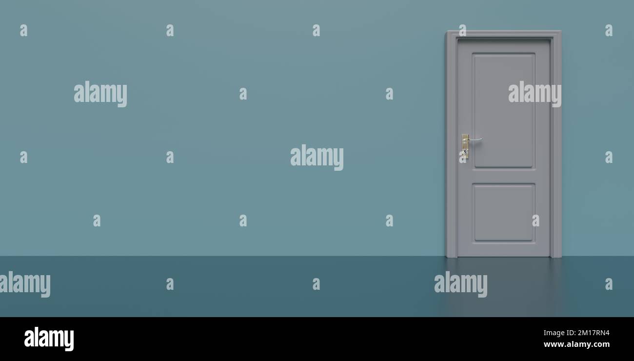 Closed door on empty blue wall background, copy space. Modern room ...