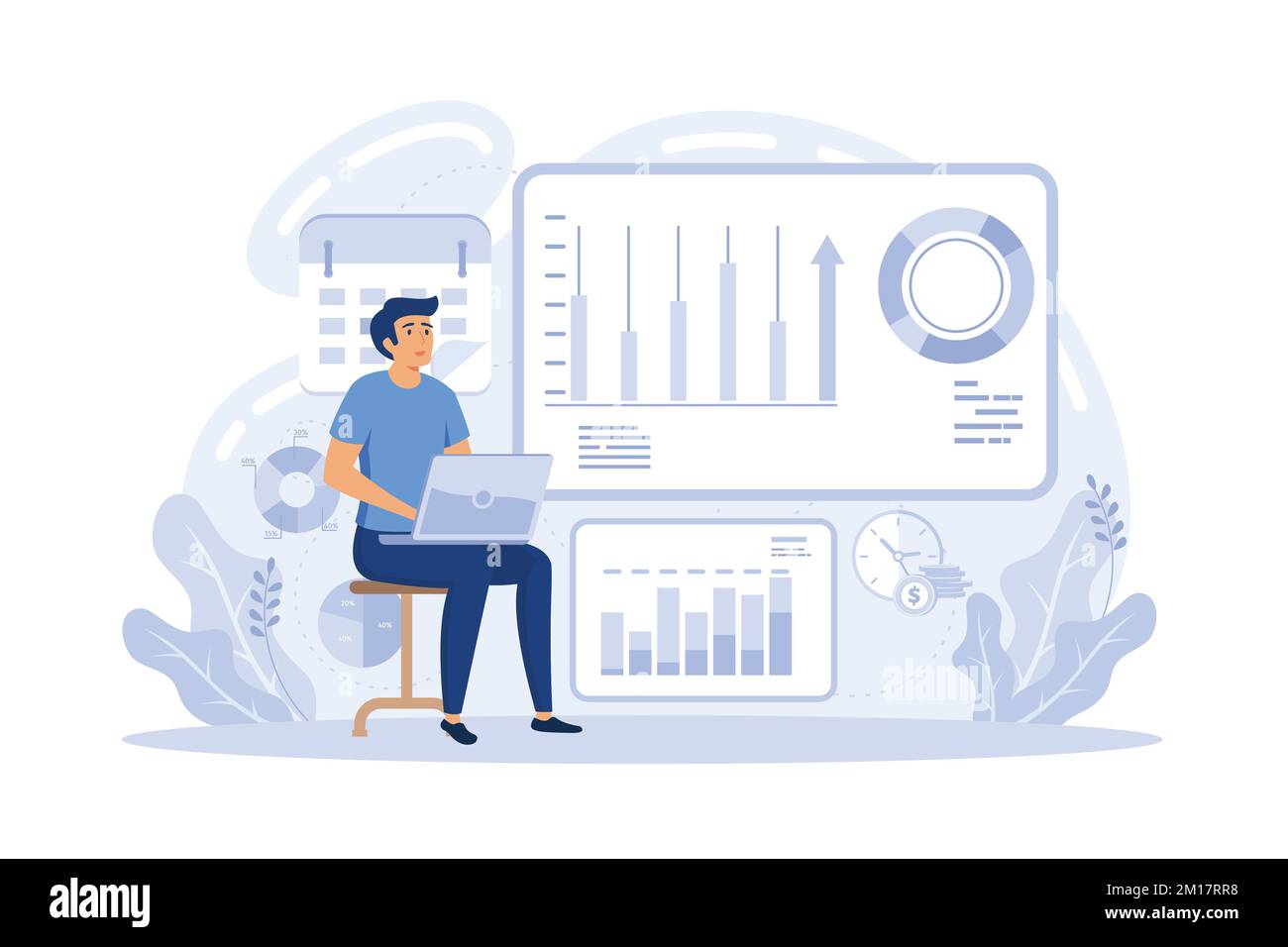 Tiny business analysts discussing ideas at laptop with data. Data ...