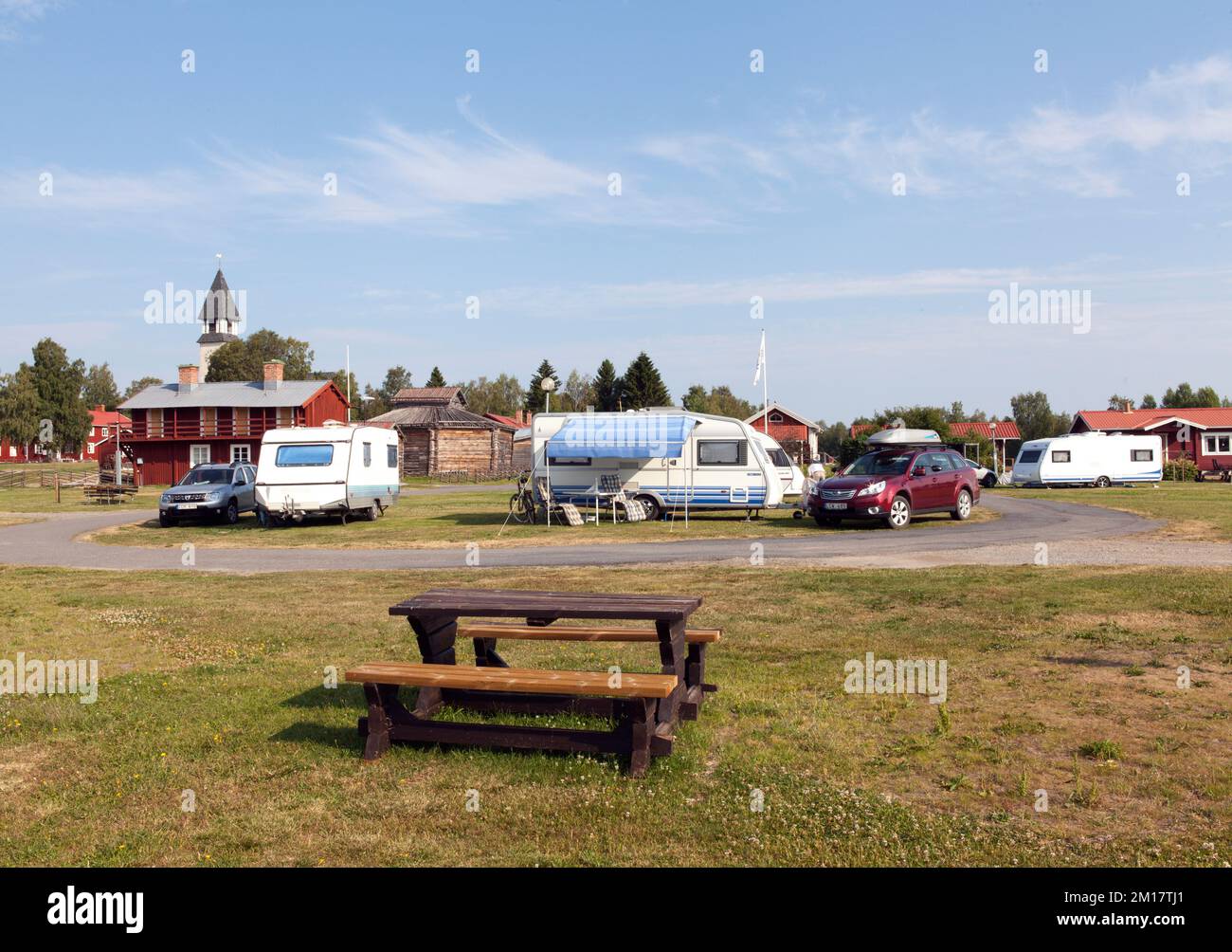 BURTRASK, SWEDEN ON JULY 14, 2014. Camping, and cabins. The church is ...