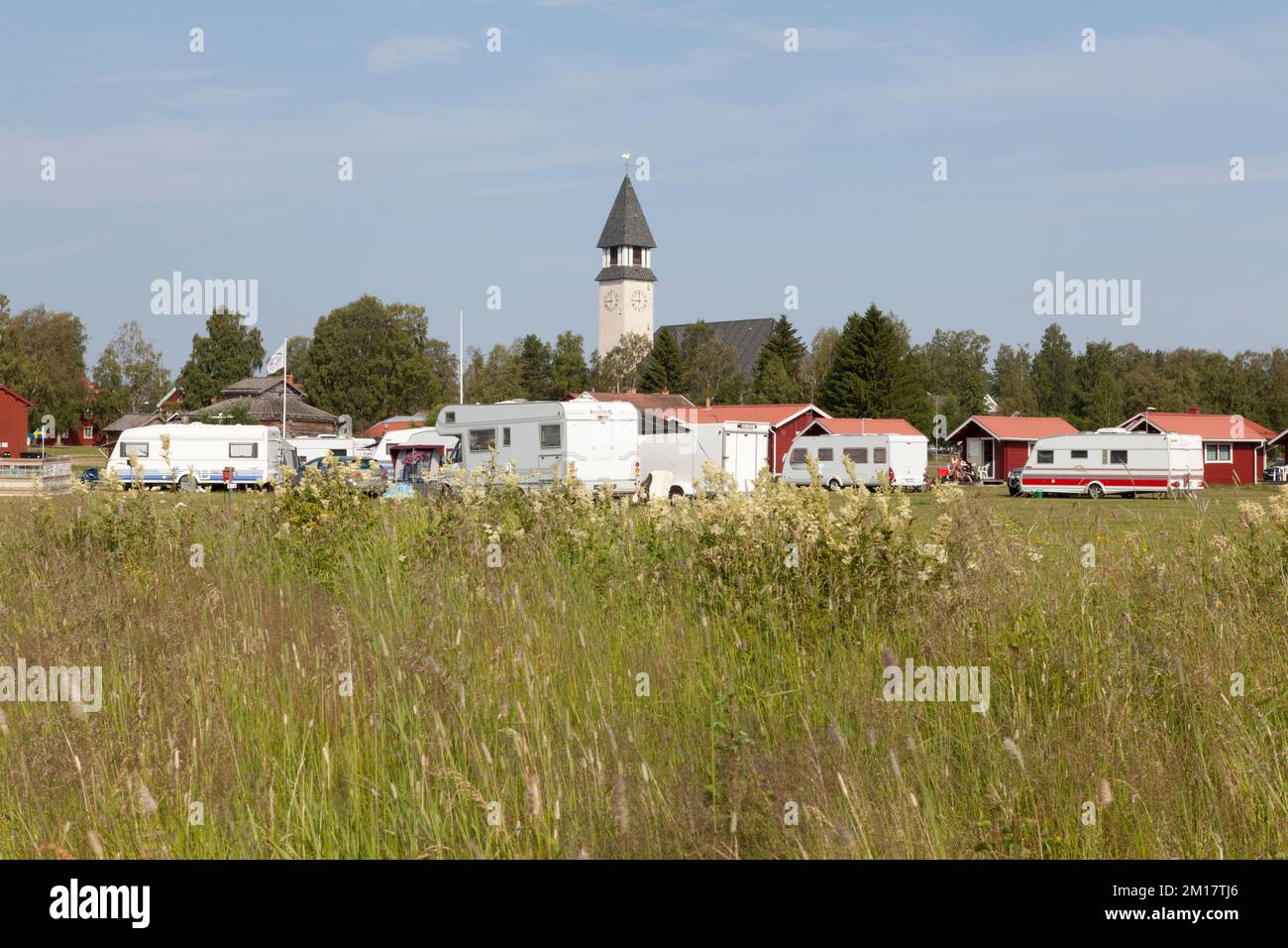 BURTRASK, SWEDEN ON JULY 14, 2014. Camping, and cabins. The church is ...