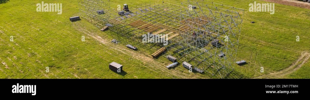 installation of a stage for a concert in the park. Aerial view Stock ...
