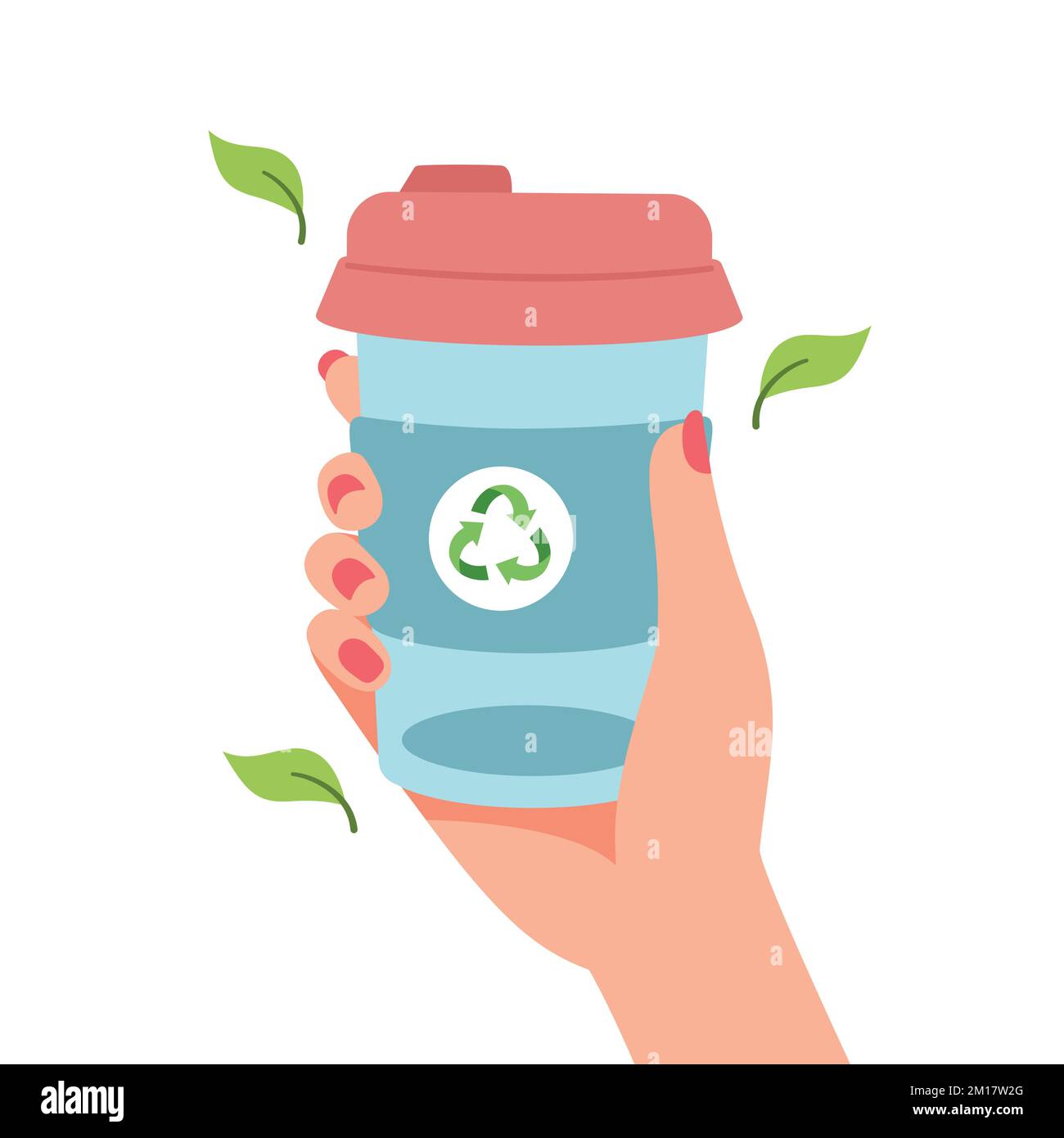 Woman's hand holding reusable cup with recycling sign and leaves ...