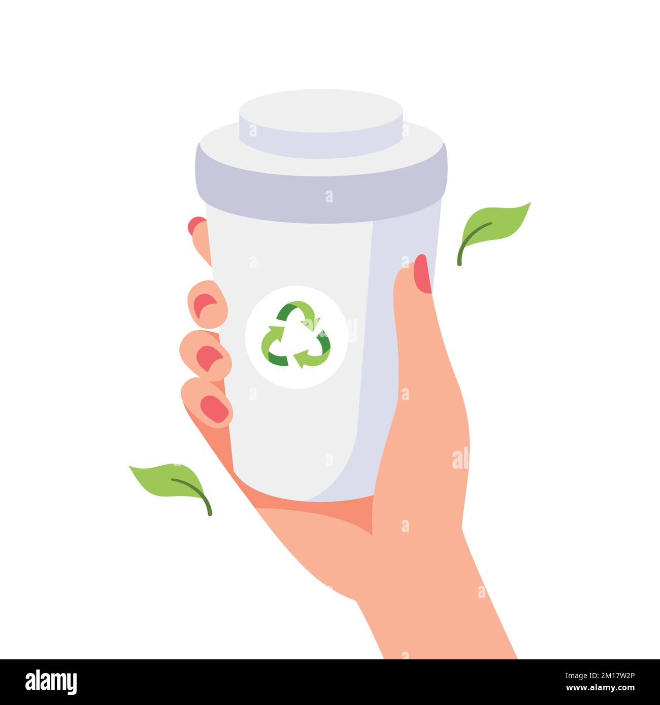 Woman's hand holding a paper cup with a recycling sign and leaves ...