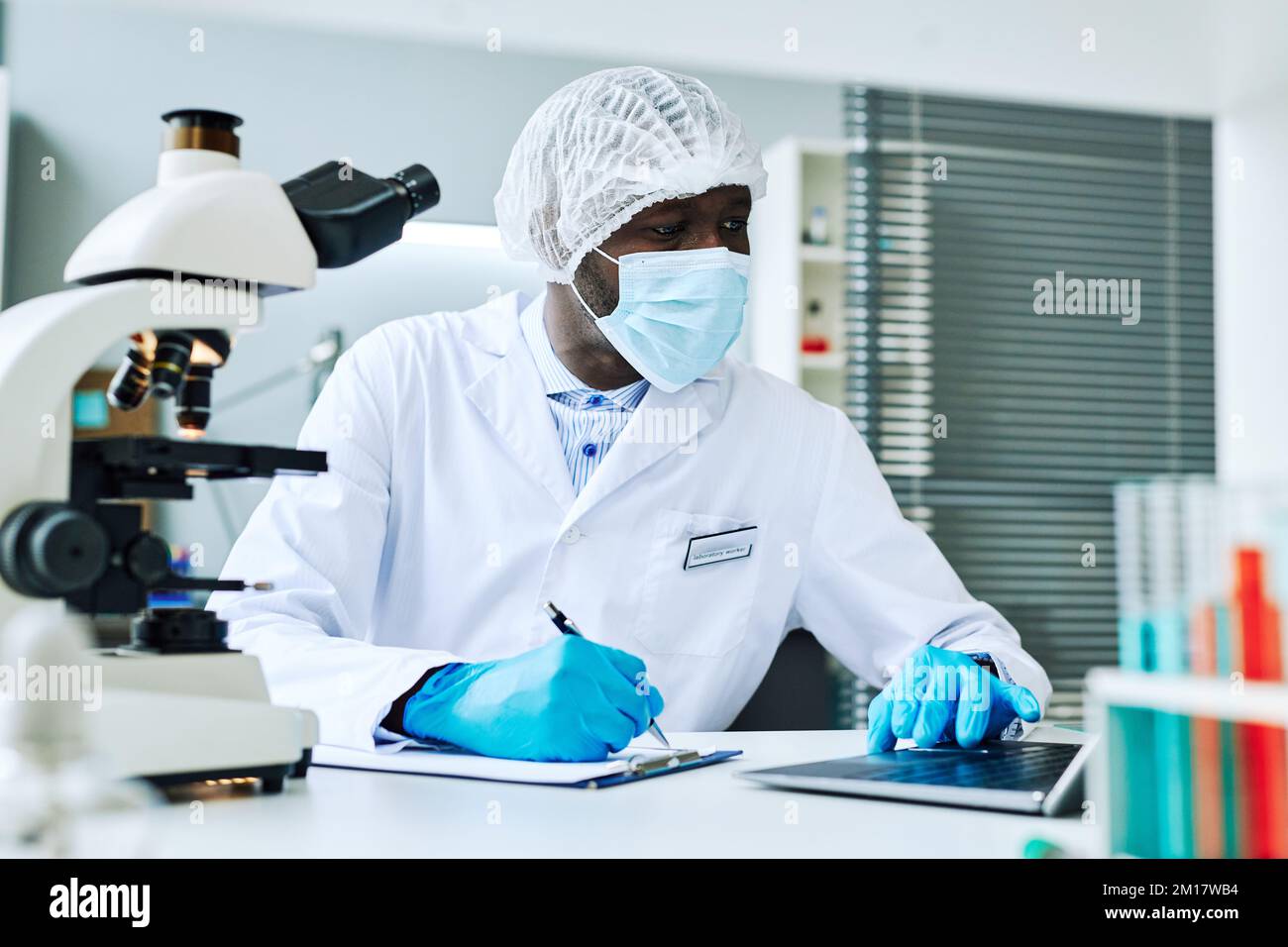 Portrait of adult black man as scientist using laptop while doing ...