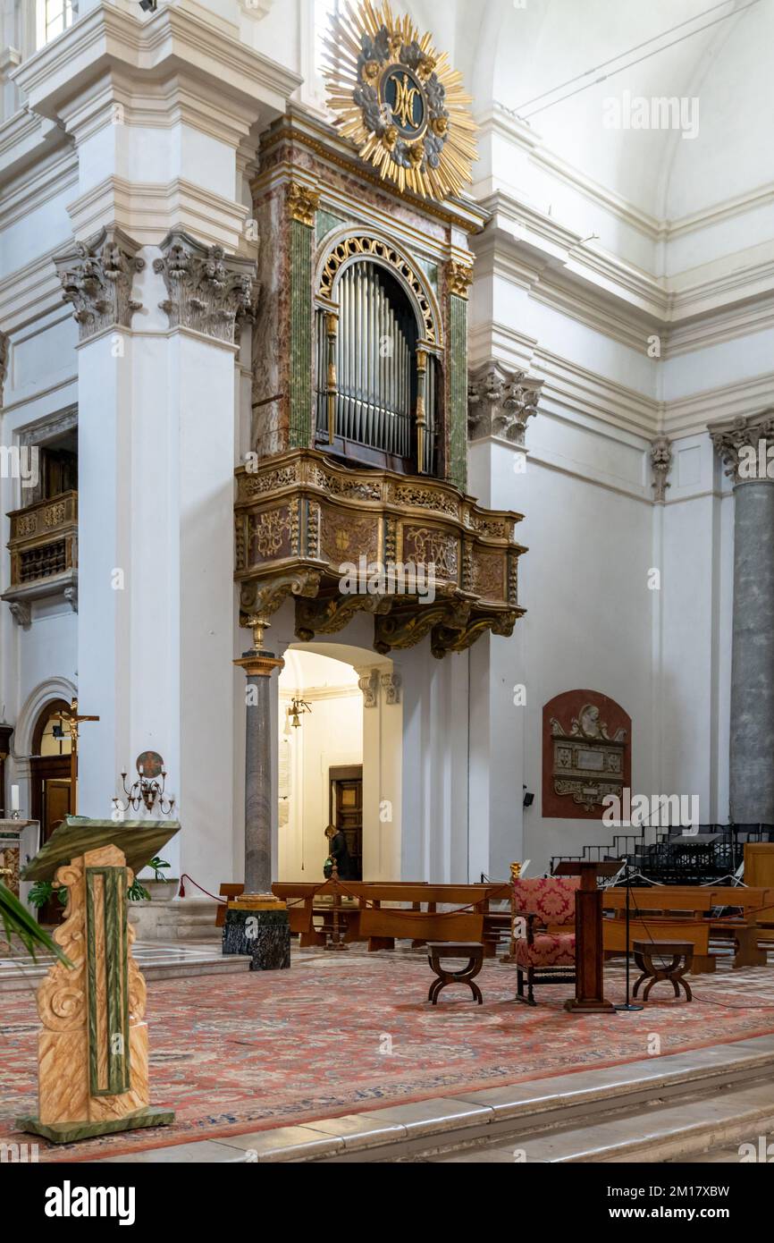 Spoleto, Italy - 25 November, 2022: the main altar and the church organ ...