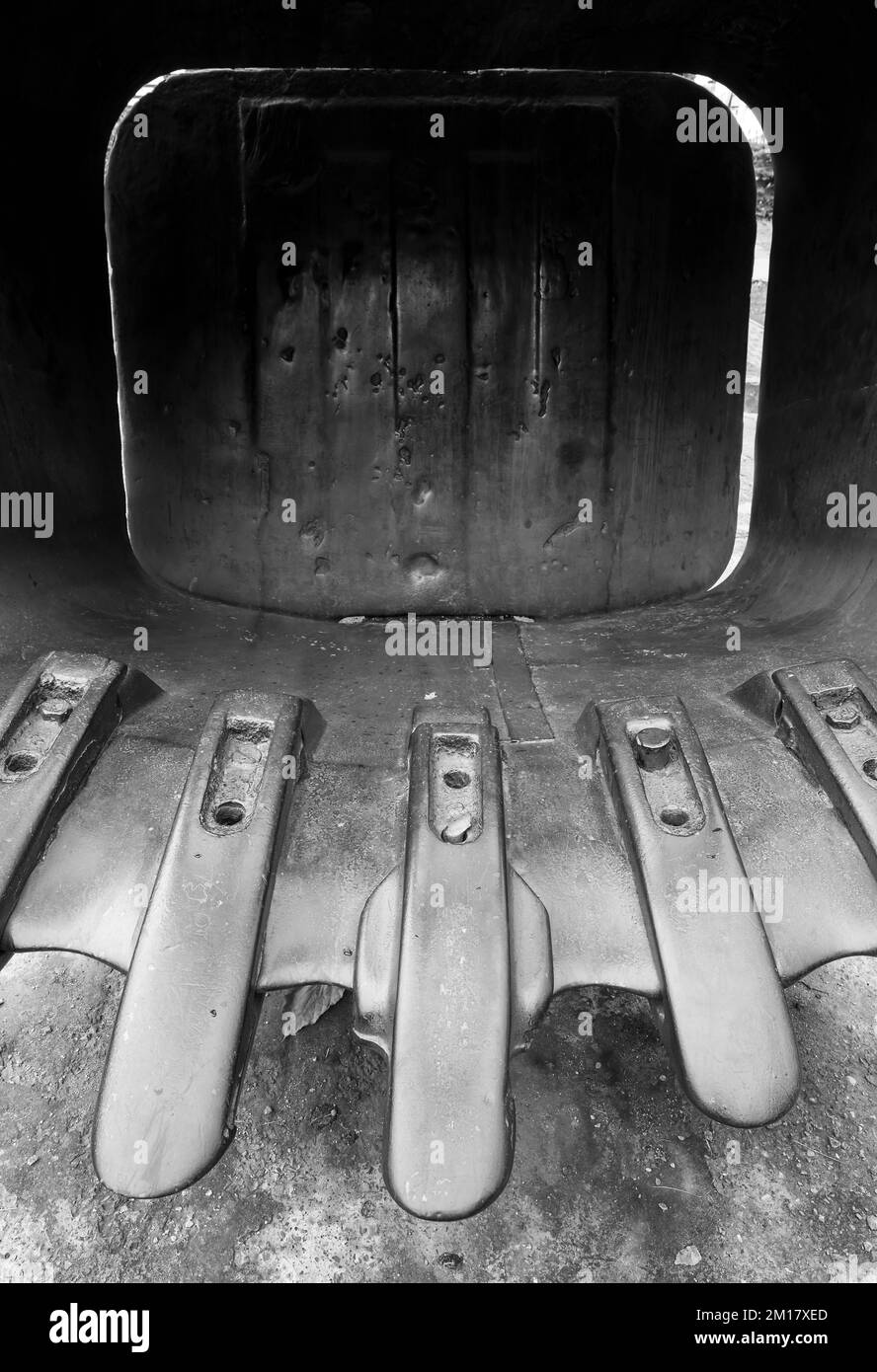 A close-up view of the six-cubic bucket of a quarry excavator that ...