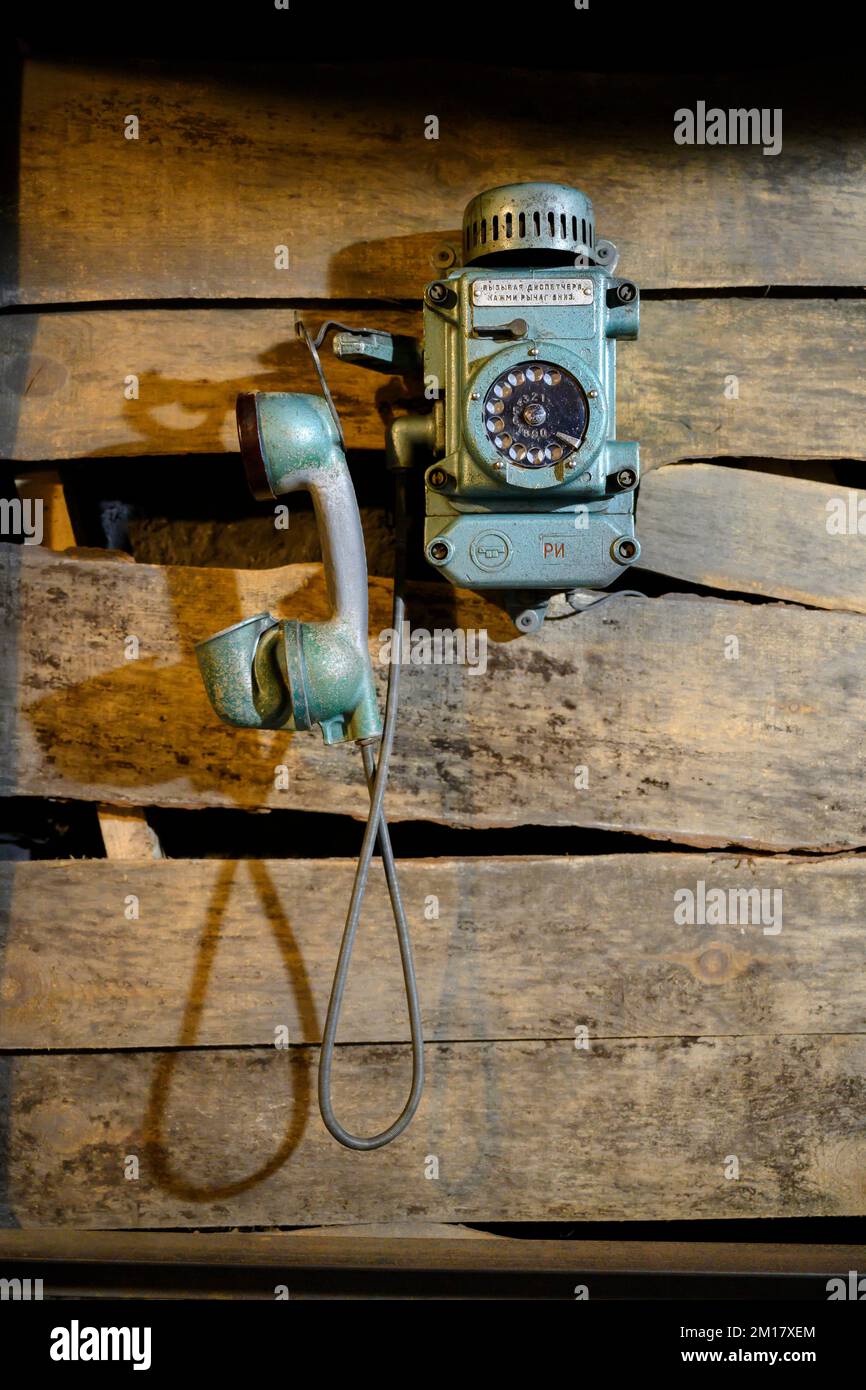 A mid-20th century telephone used in underground mines with the ...