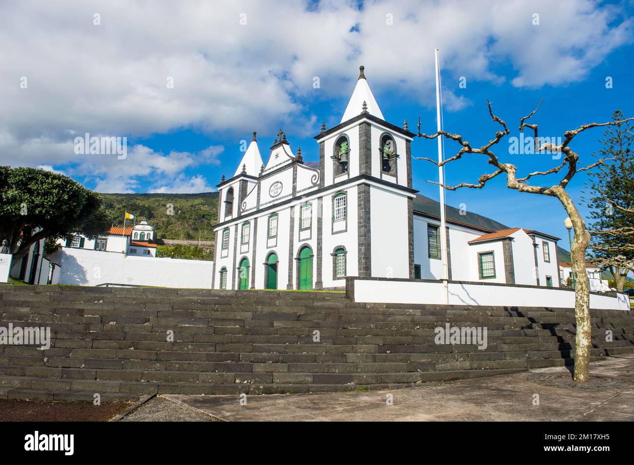 Paroquia de Sao Mateus church below Ponta do Pico highest mountain of ...