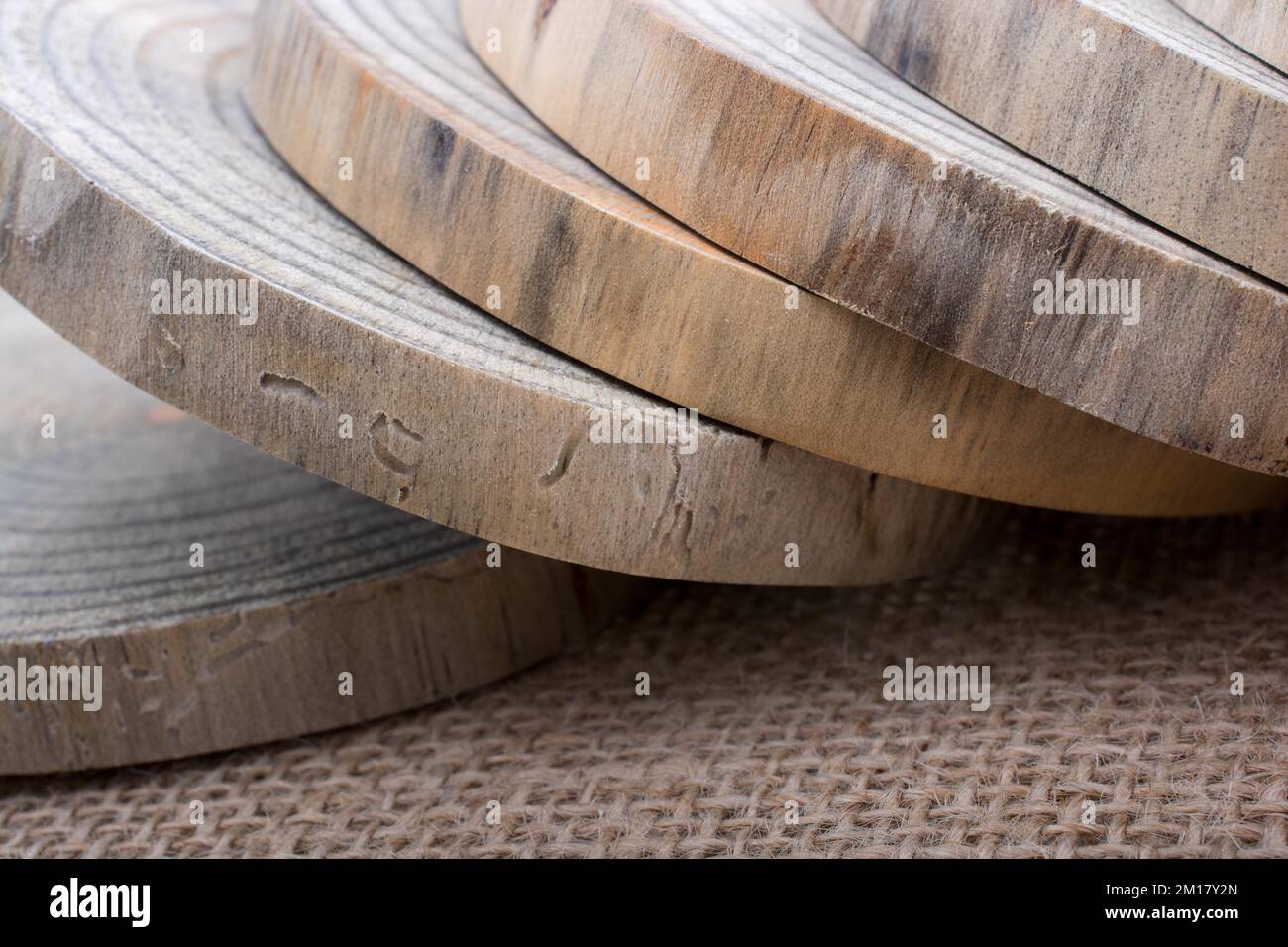 Wood Log cut in round thin pieces on canvas Stock Photo - Alamy