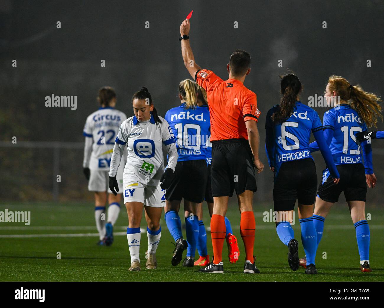 Rkia Mazrouai (2) of Gent receives a red card during a female soccer ...
