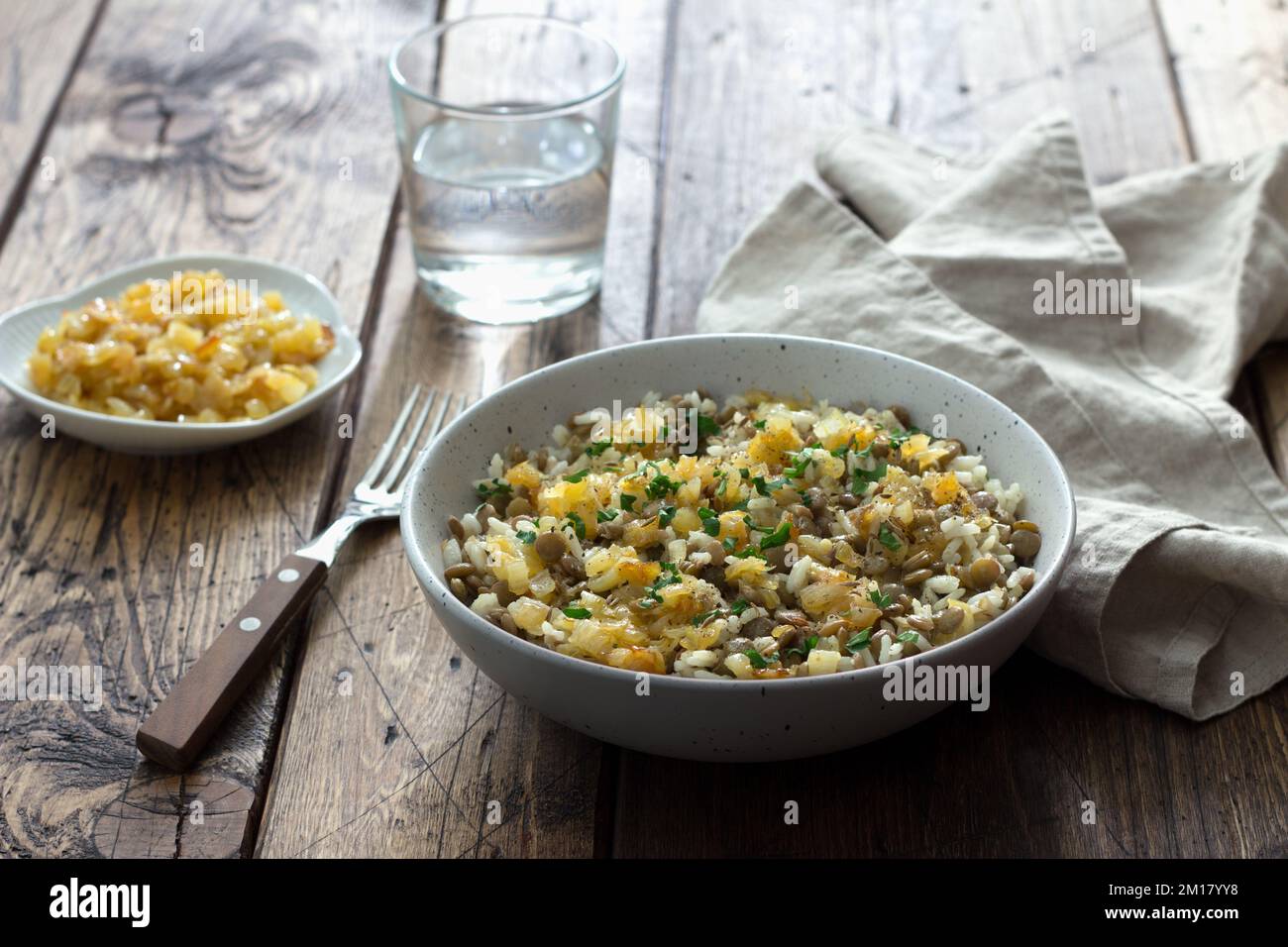 Traditional Middle Eastern dish, Mujadara of lentils, rice and fried ...