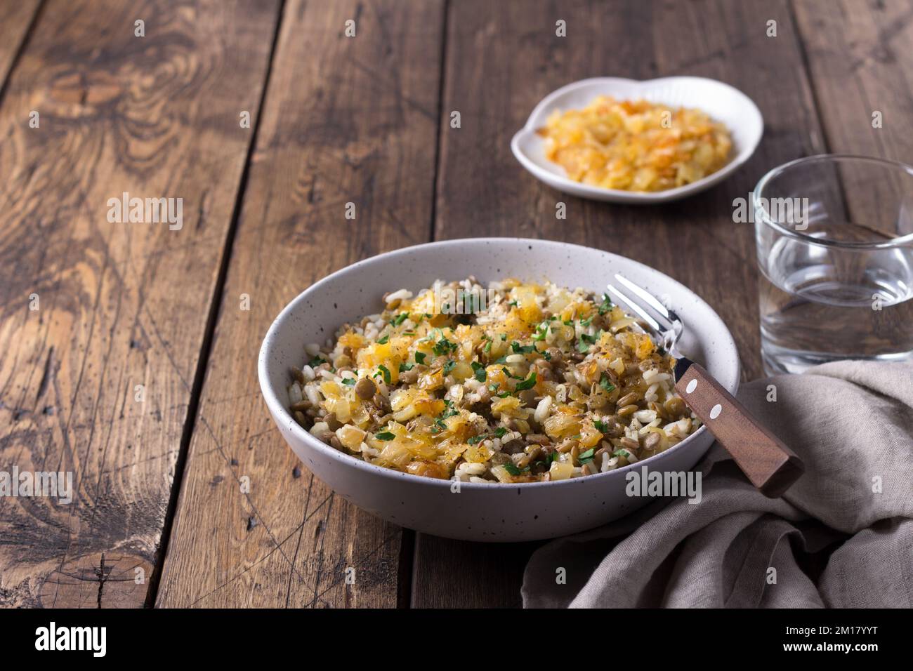 Traditional Middle Eastern dish, Mujadara of lentils, rice and fried ...