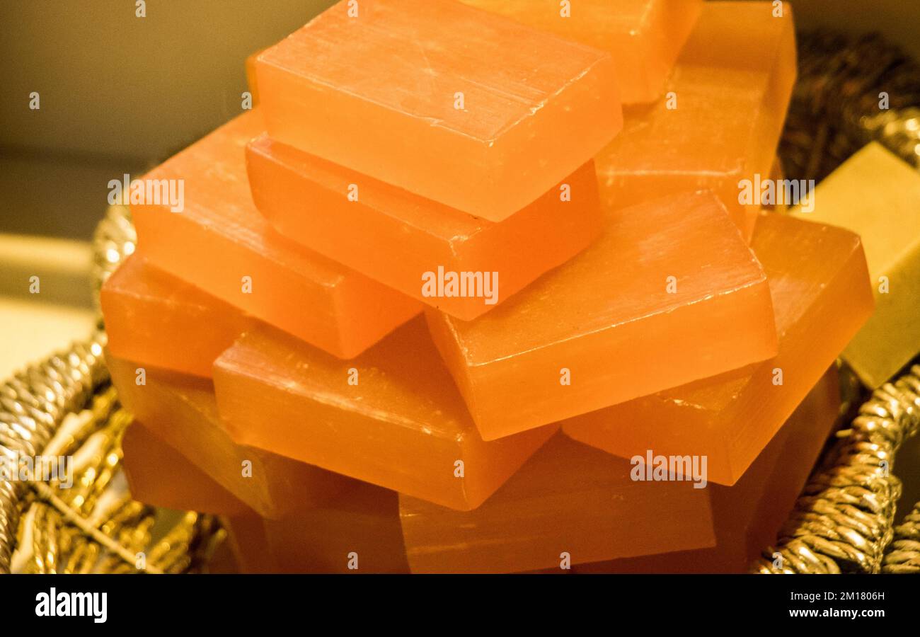 Collection of bars of fragrant hand made organic soap in a basket Stock ...