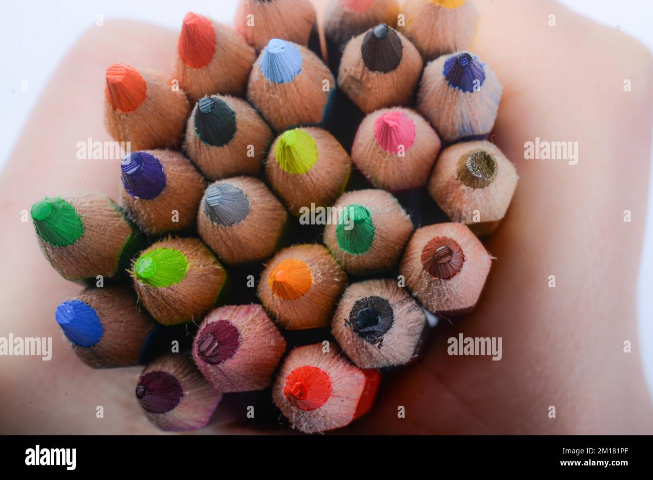 Child holding colour pencils in hand on white background Stock Photo ...