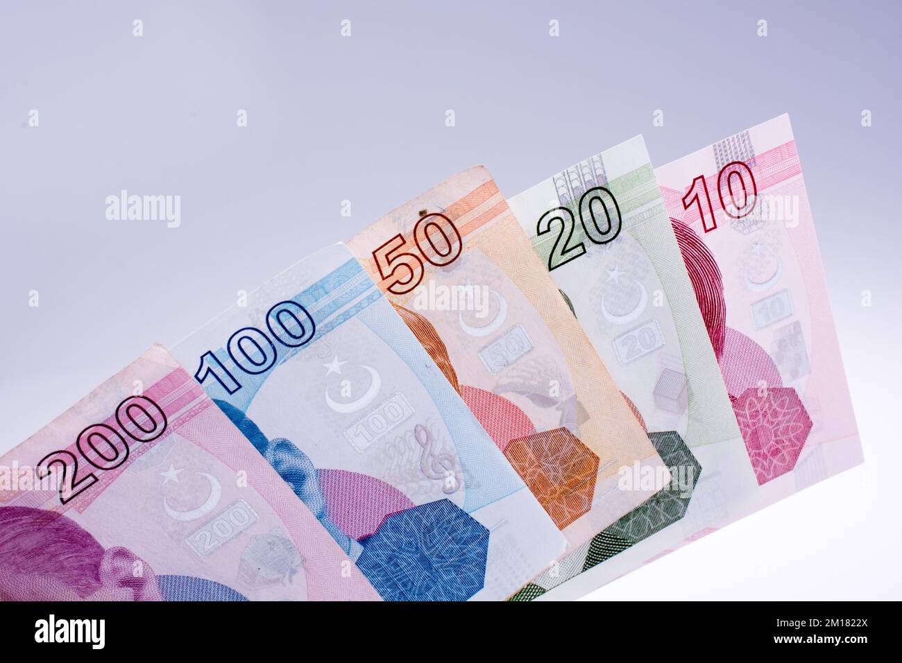 Turksh Lira banknotes of various color, pattern and value on white ...