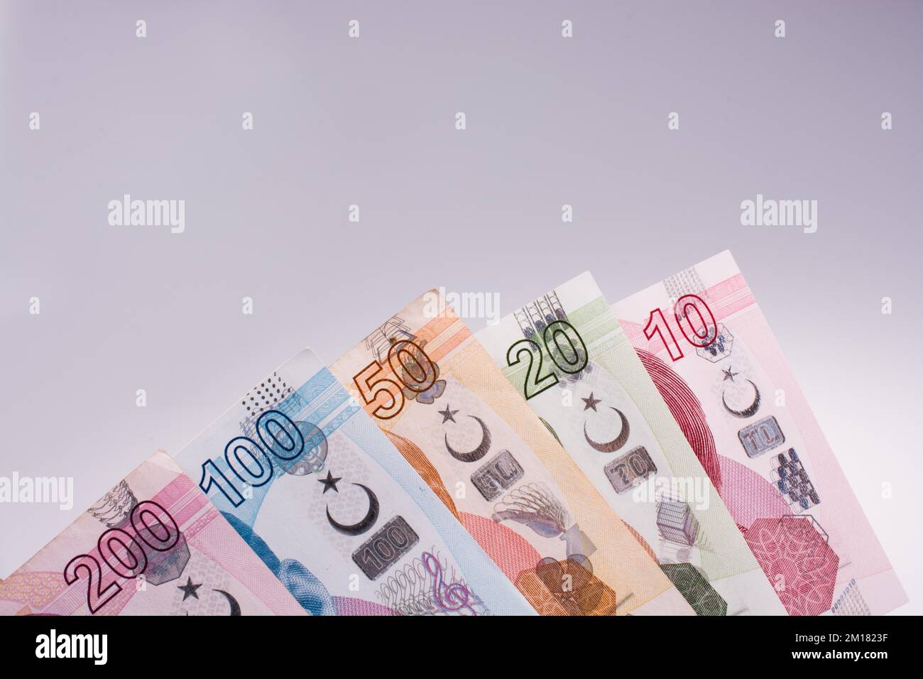 Turksh Lira banknotes of various color, pattern and value on white ...