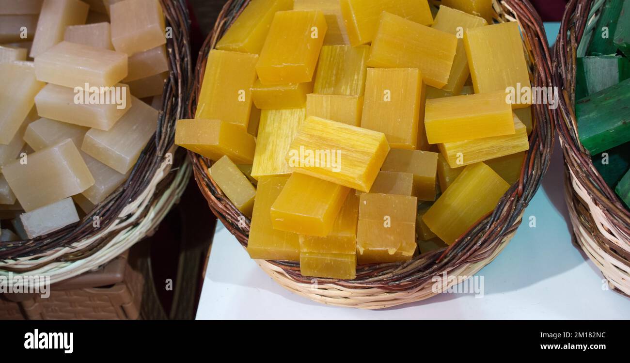 Collection of bars of fragrant hand made organic soap Stock Photo - Alamy
