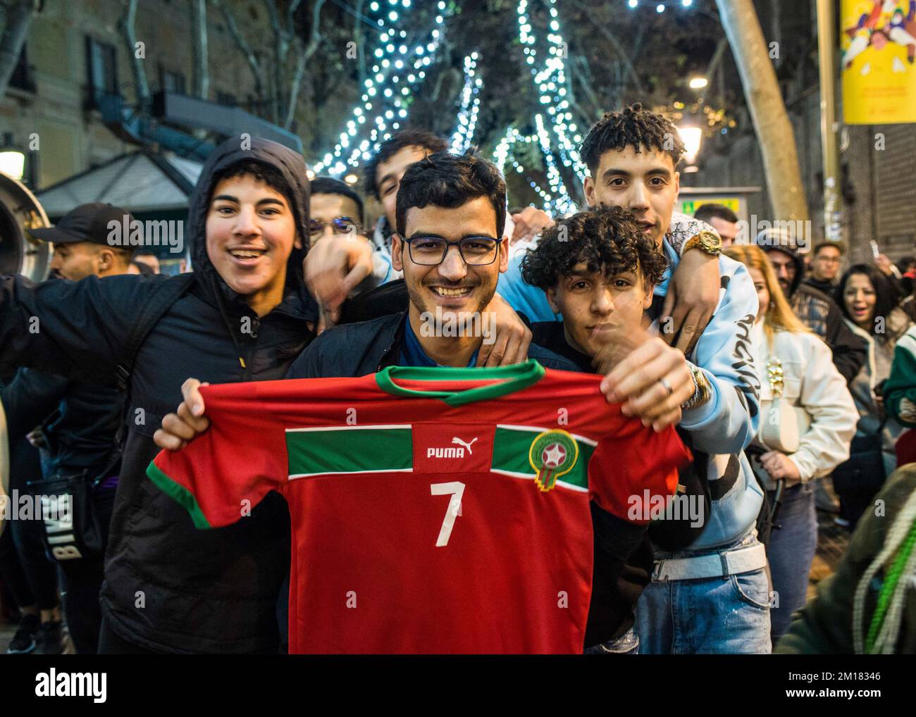 Barcelona, Spain. 10th Dec, 2022. Football supporters display a Morocco ...