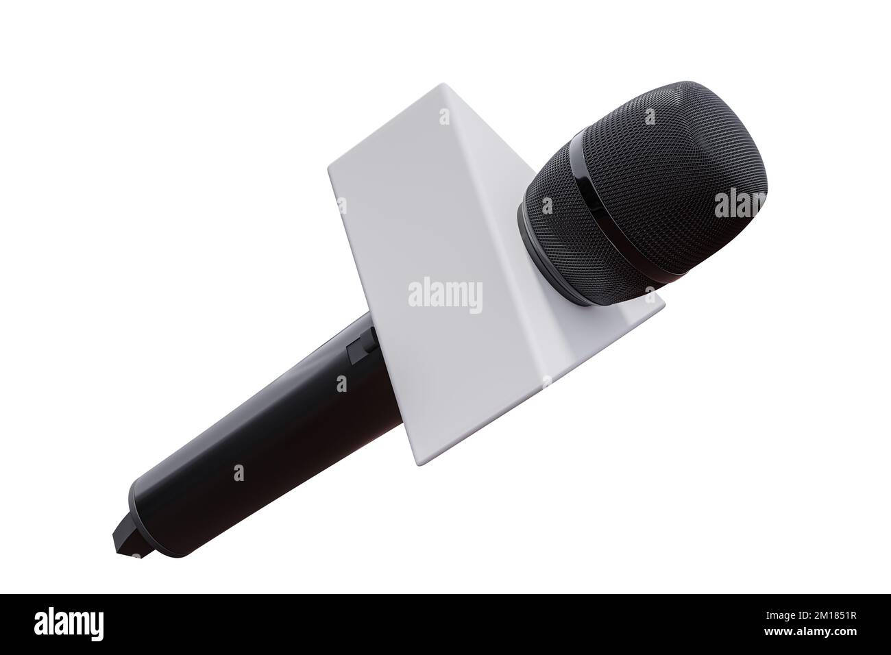 Microphone with copy space box. black microphone with blank white label ...