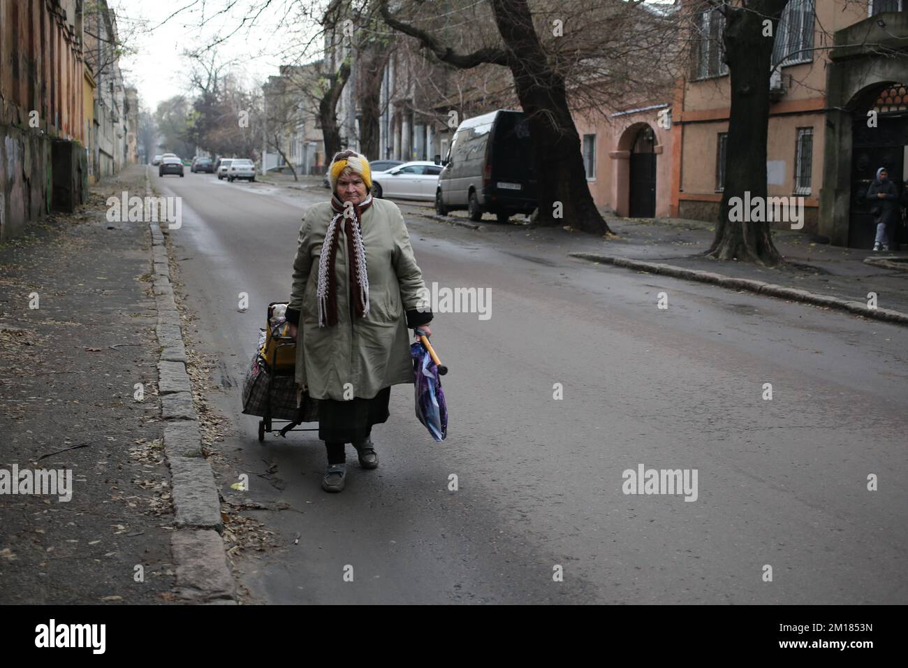 A female salesperson is pulling a cart full of items for sale at a flea ...