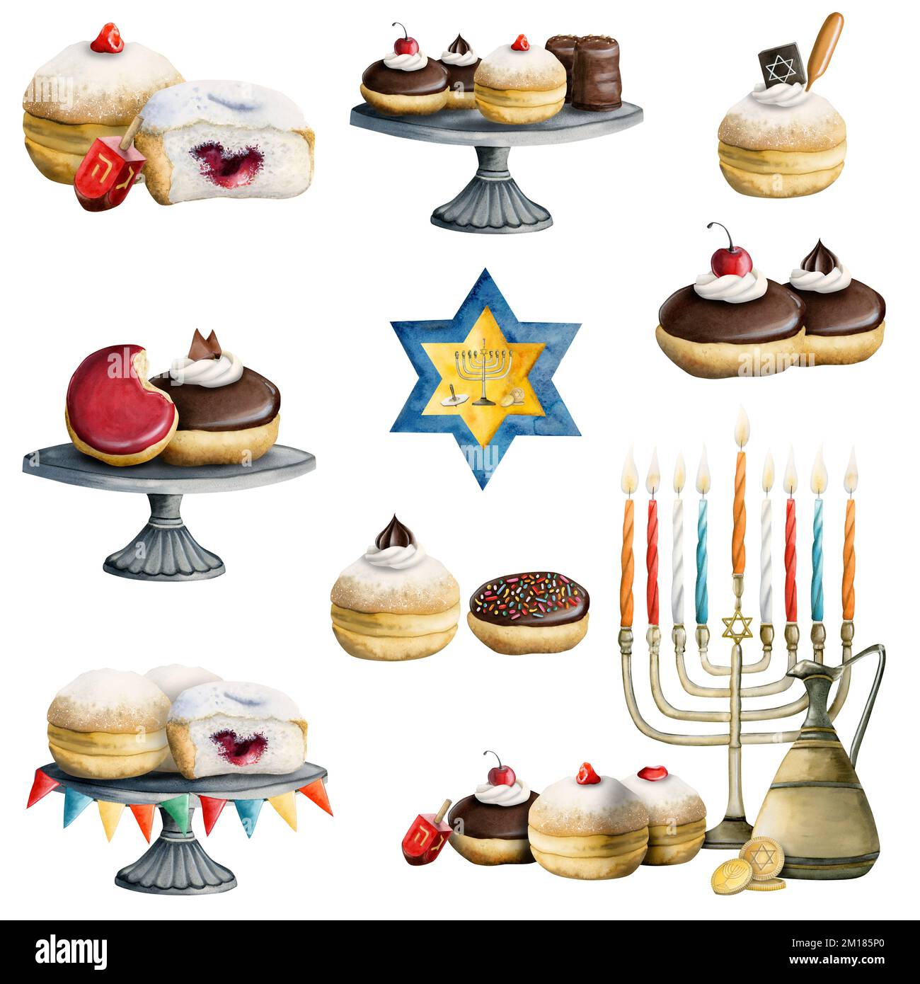 Hanukkah watercolor set with colorful hand drawn symbols with menorah ...