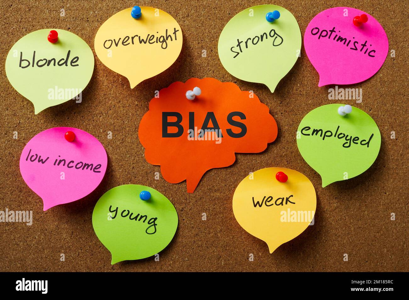 Pinned paper brain with word bias and stickers around Stock Photo - Alamy