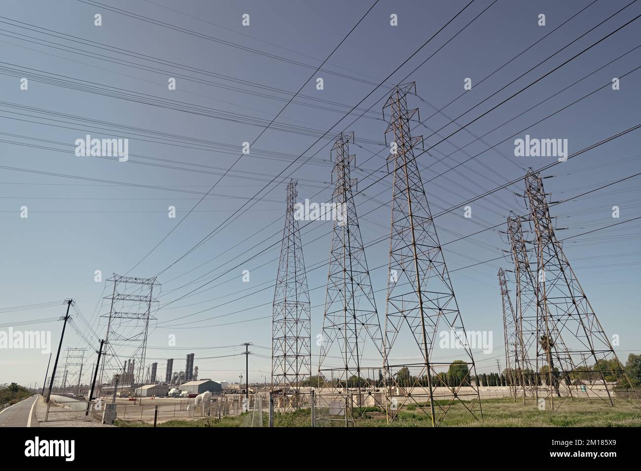 electrical power lines. pylon producing energy. voltage transmission on ...