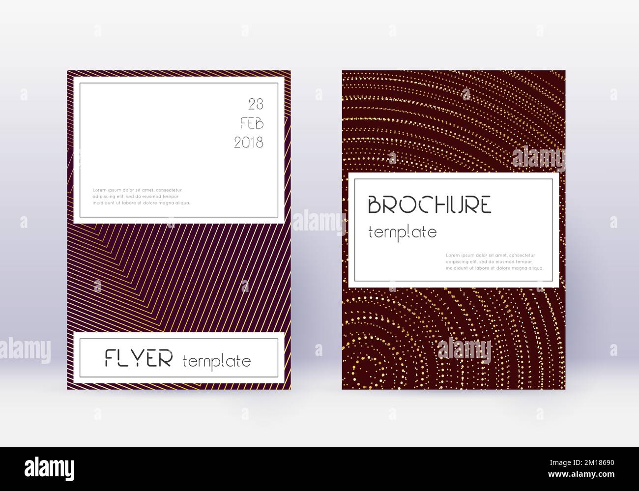 Stylish cover design template set. Gold abstract lines on maroon ...