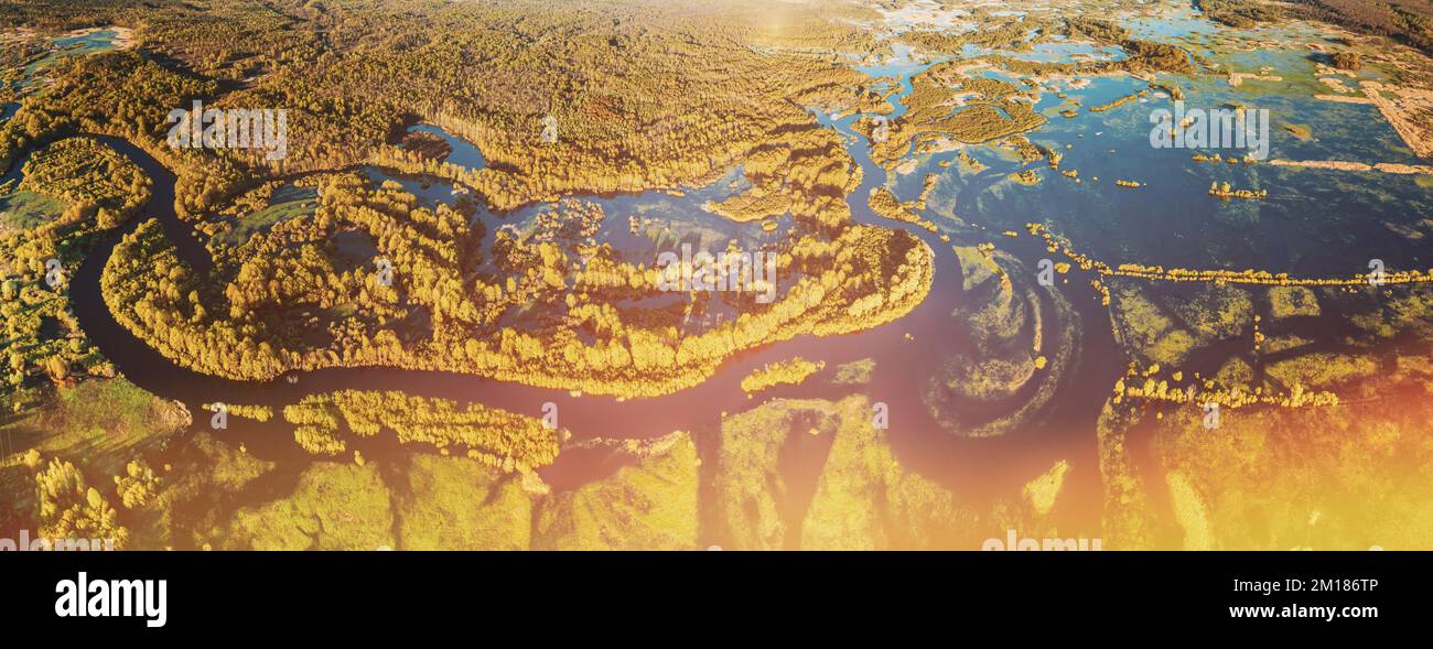 Aerial View Green Forest Woods And River Landscape In Sunny Spring ...