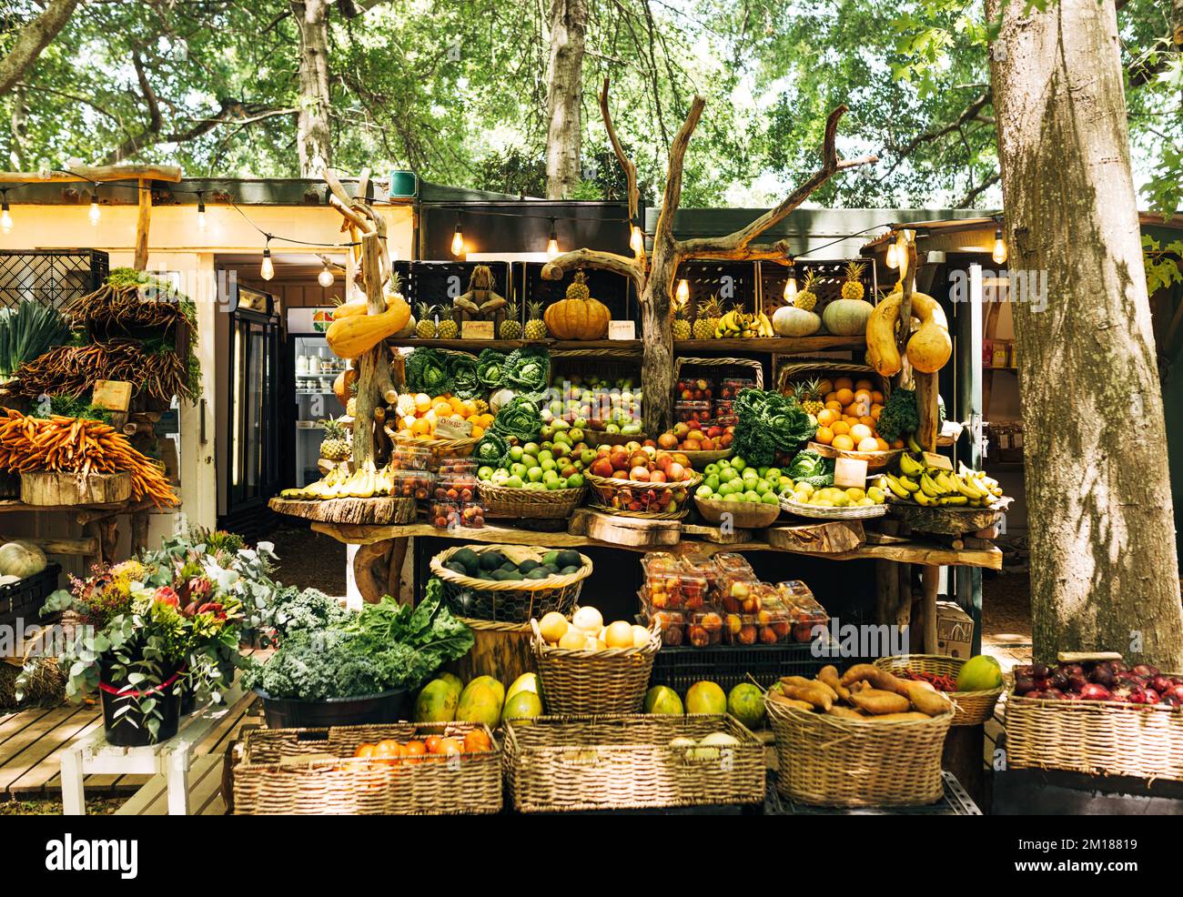Street market with fruits and vegetables. View on an outdoor market ...