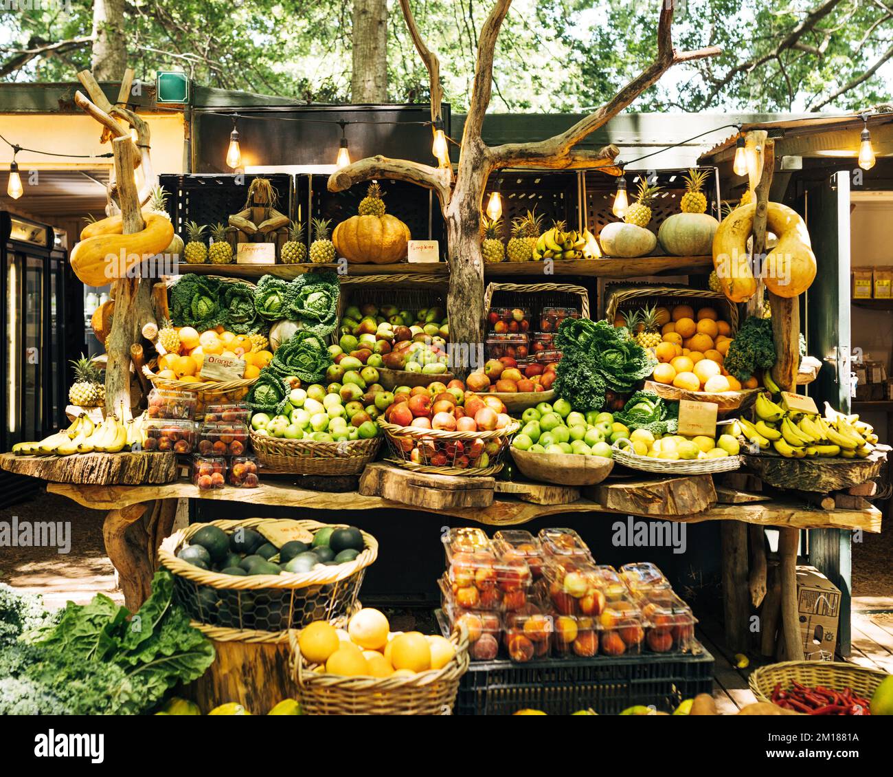 Local outdoor market. Fruits and vegetables in baskets and boxes Stock ...